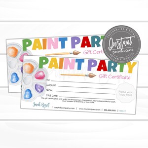 Editable Gift Certificate, Paint Party Printable Gift Certificate, Art ...