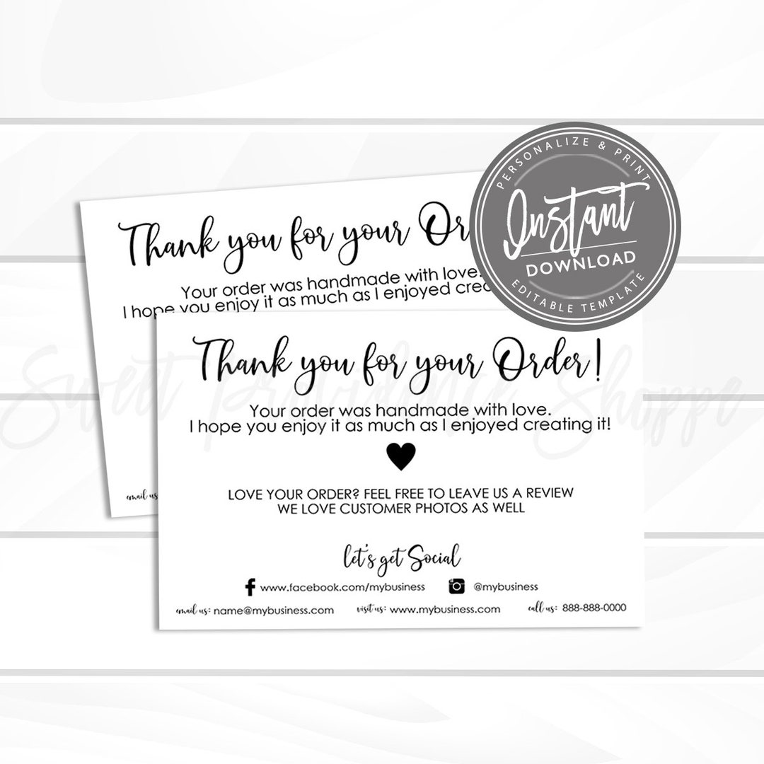 EDITABLE Thank You for Your Order Template, Printable Personalized ...