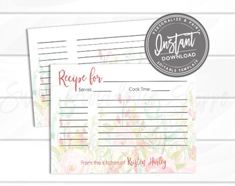 Printable Watercolor Recipe Cards Floral Recipe Card | Etsy