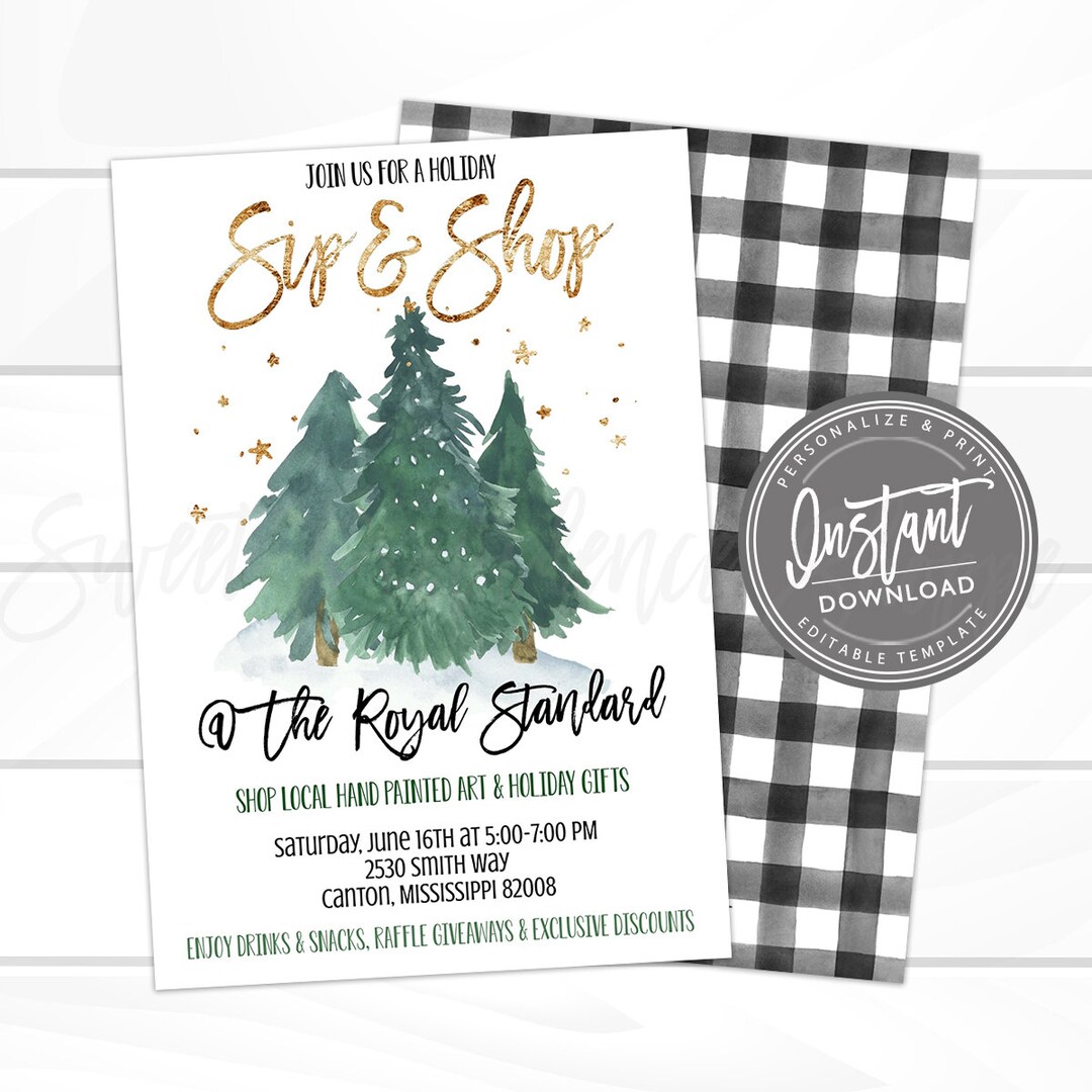 Christmas Flyer, Editable Sip & Shop Holiday Boutique Invite, Business ...
