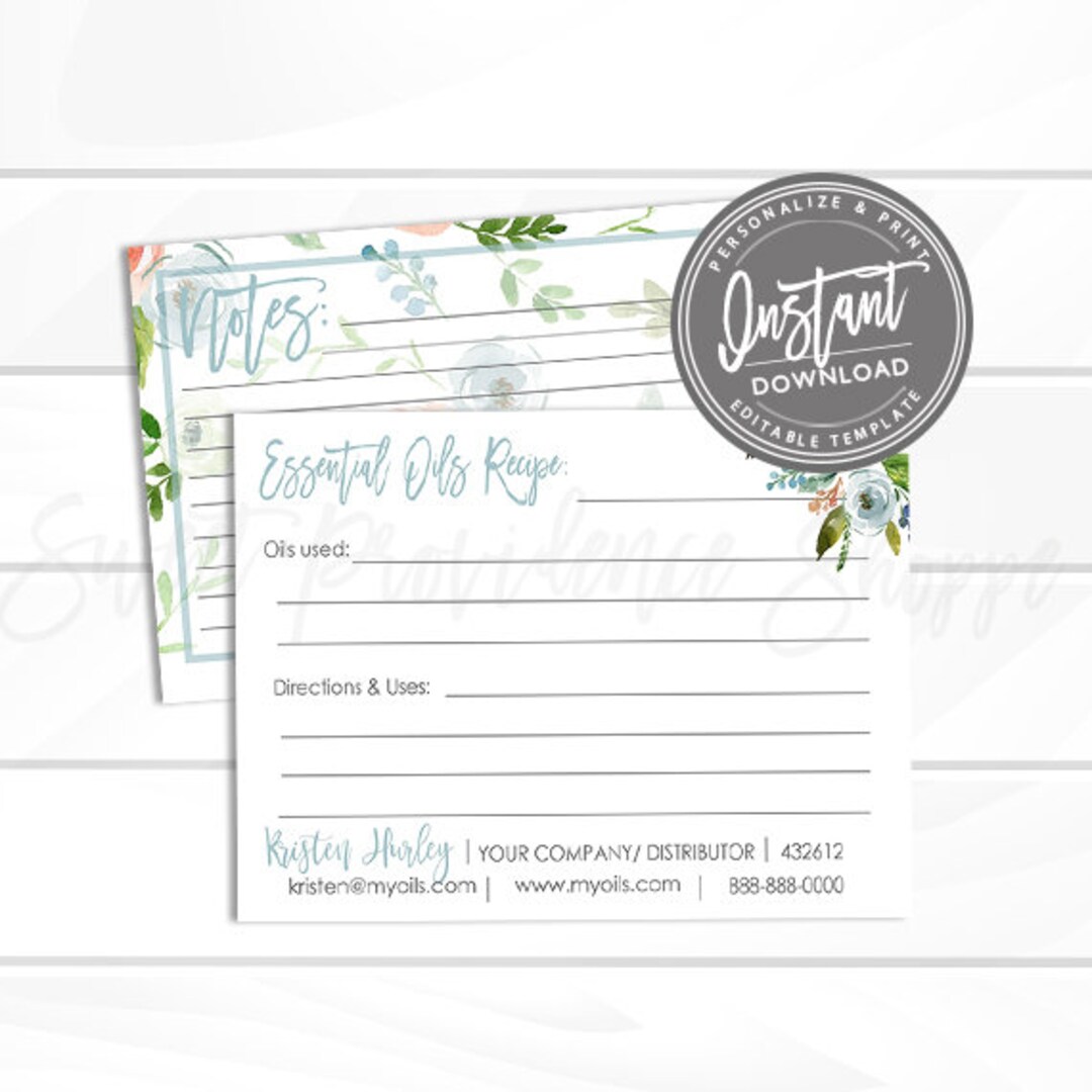 Printable Oil Recipe Cards, Floral Essential Oil Recipe Card, Recipes ...