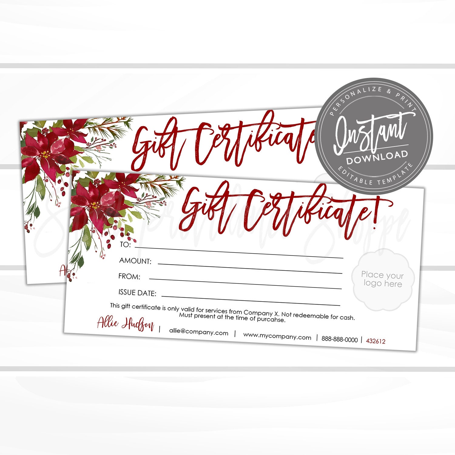 Editable Gift Certificate, Holiday Printable Gift Voucher, Editable ...