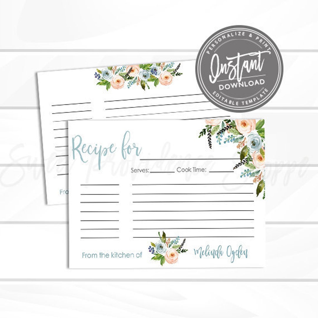 Printable Watercolor Recipe Cards, Floral Recipe Card, Recipes ...