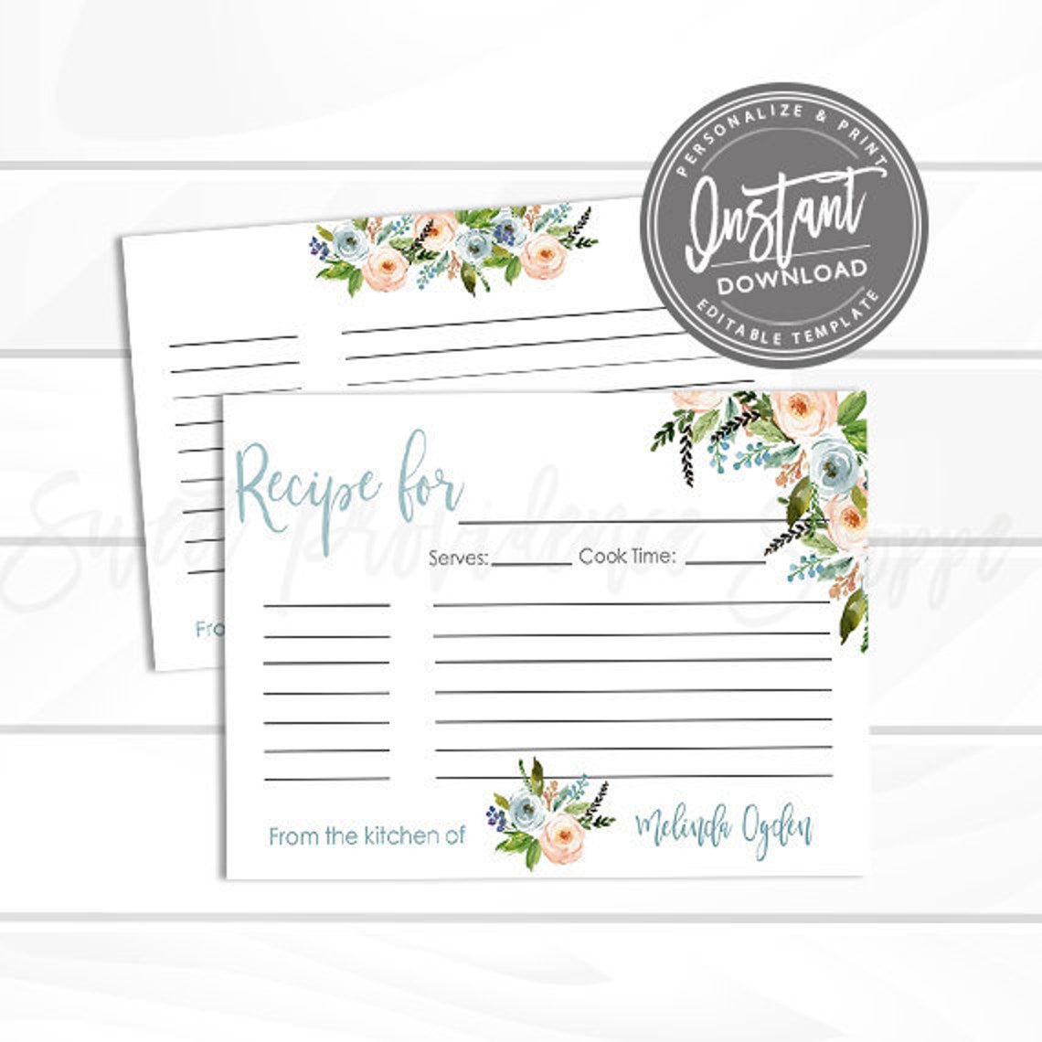 Printable Watercolor Recipe Cards, Floral Recipe Card, Recipes ...