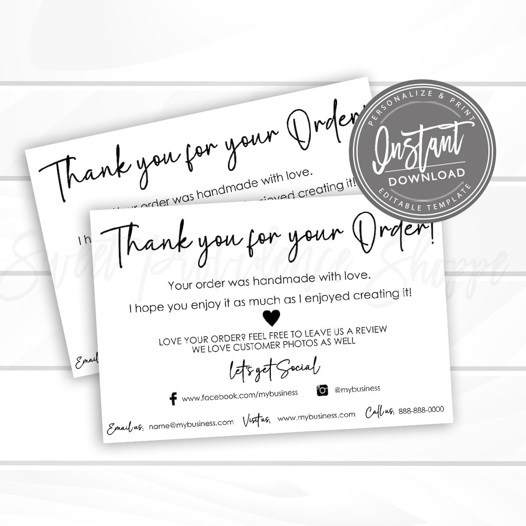 EDITABLE Thank You for Your Order Template, Printable Personalized ...