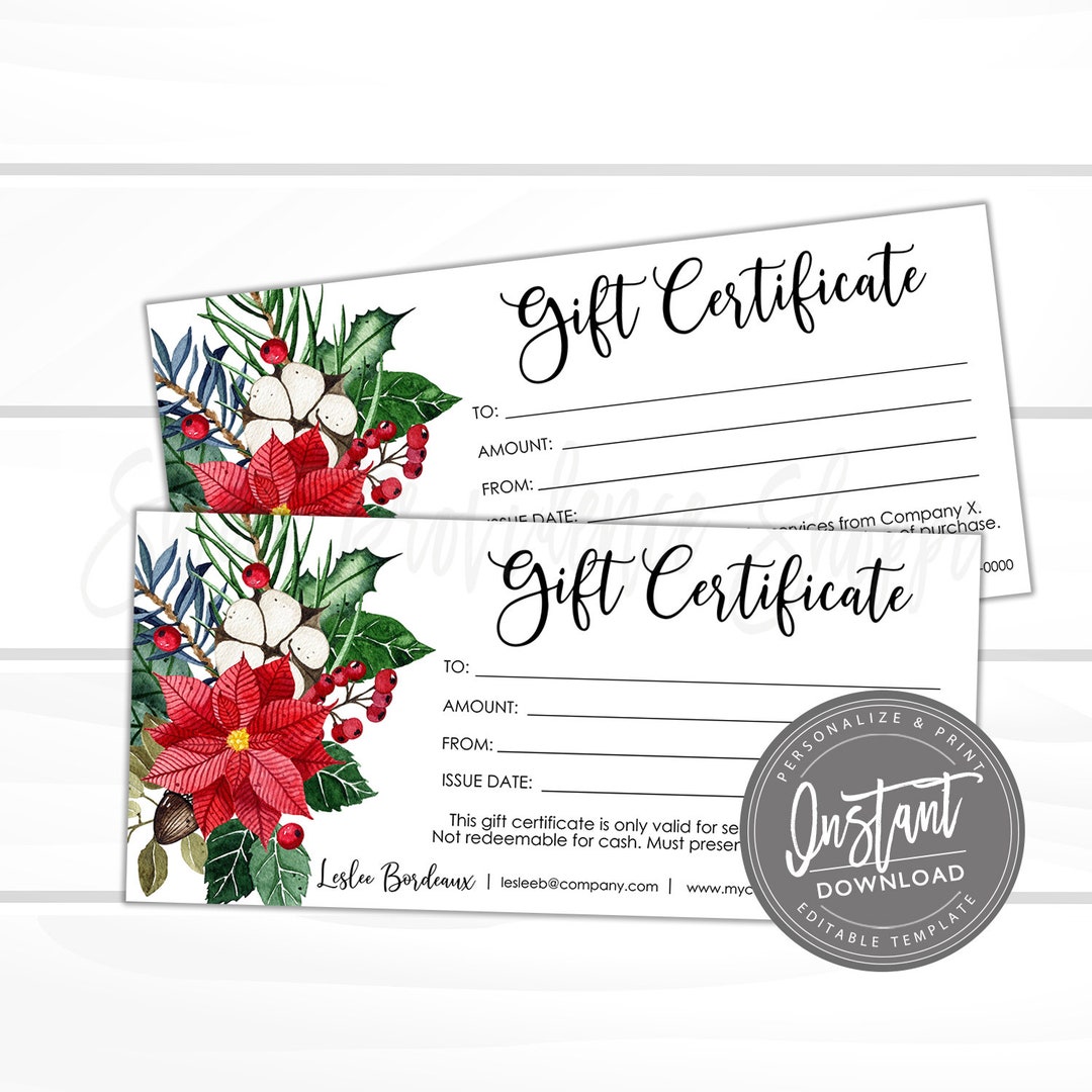 Editable Gift Certificate, Holiday Printable Gift Voucher, Editable ...