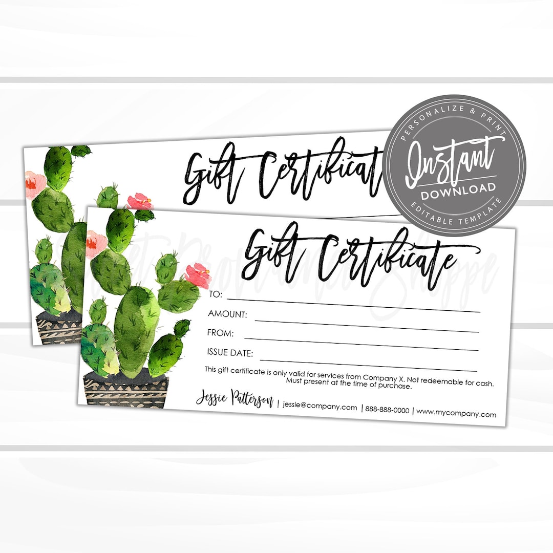 Editable Gift Certificate, Cactus Succulent Printable Gift Voucher ...