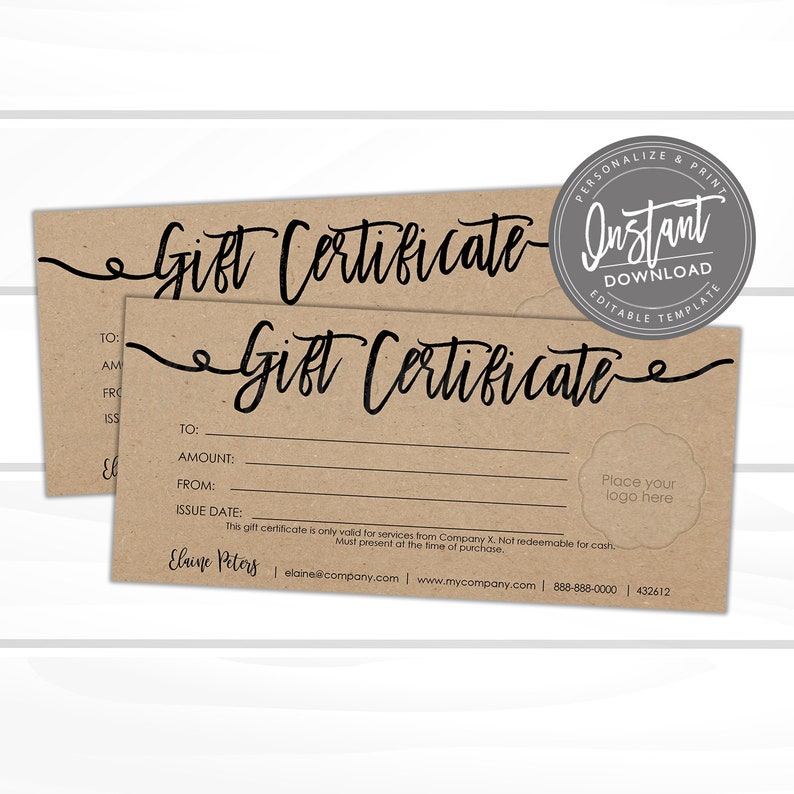 Editable Gift Certificate, Printable Kraft Gift Card ADD Your LOGO, DIY ...