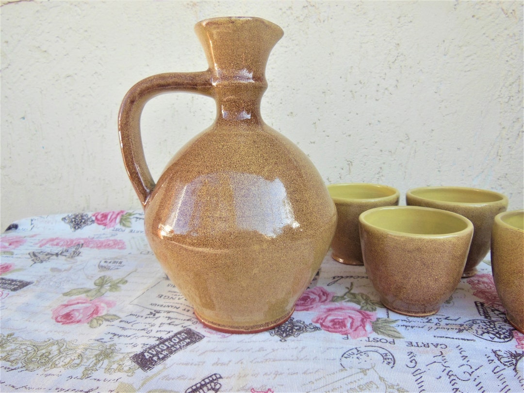 Juego de arcilla antigua, jarra de arcilla Y 5 tazas, loza hecha a mano ...