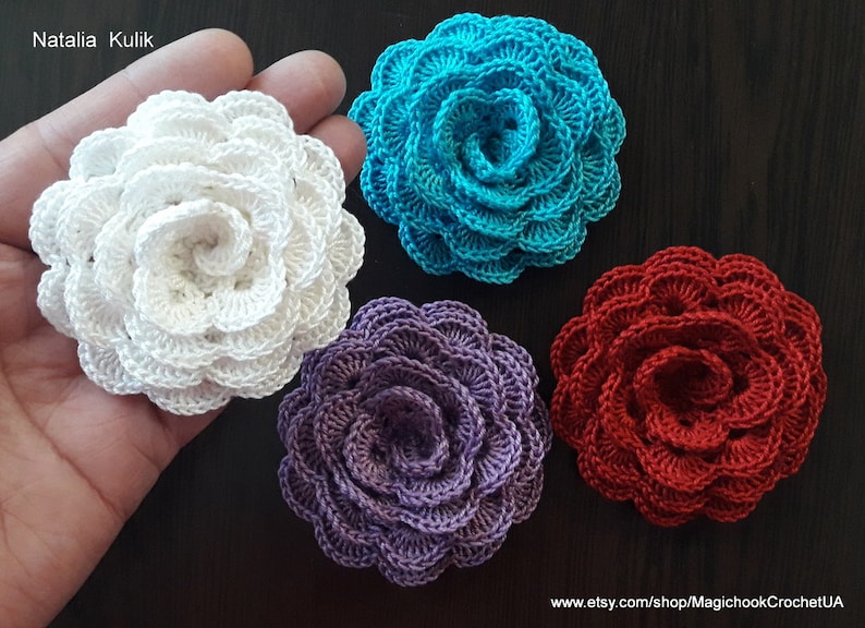 Crochet Flowers Cotton Applique, 3D Large Rose for Hats, Set of 4 Pcs ...