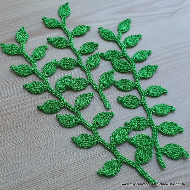 Crochet Leaf Branch Pattern PDF, Small Flower Applique Cotton, Green ...