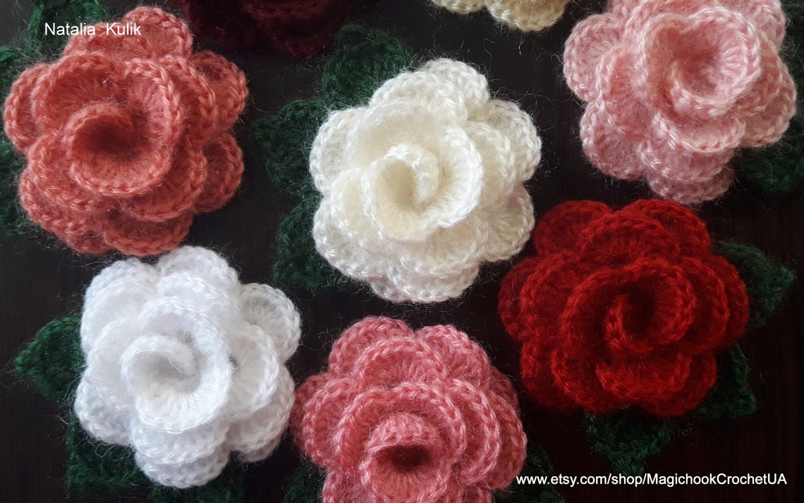 Crocheted Small Rose With Green Leaves3d Crochet Flowers - Etsy