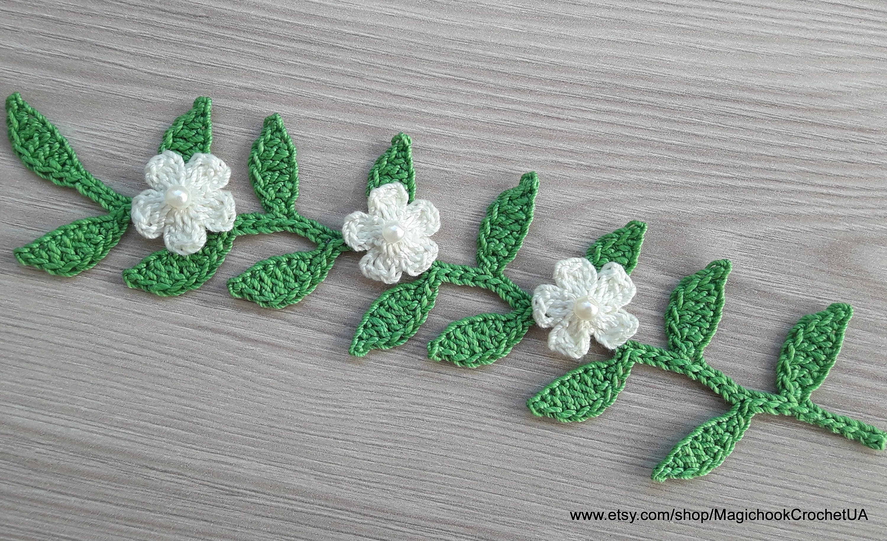 Crochet Leaf Branch Pattern PDF, Small Flower Applique Cotton, Green ...