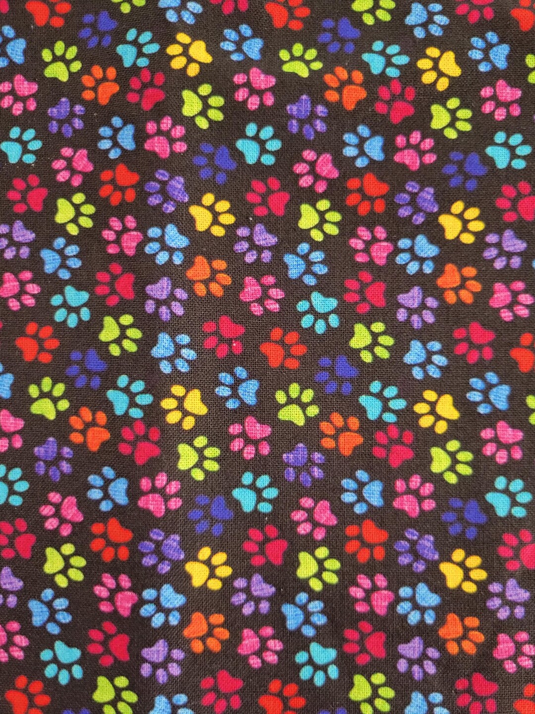 Small Print Rainbow Paw Print Black Background 100% Cotton Woven Fabric ...