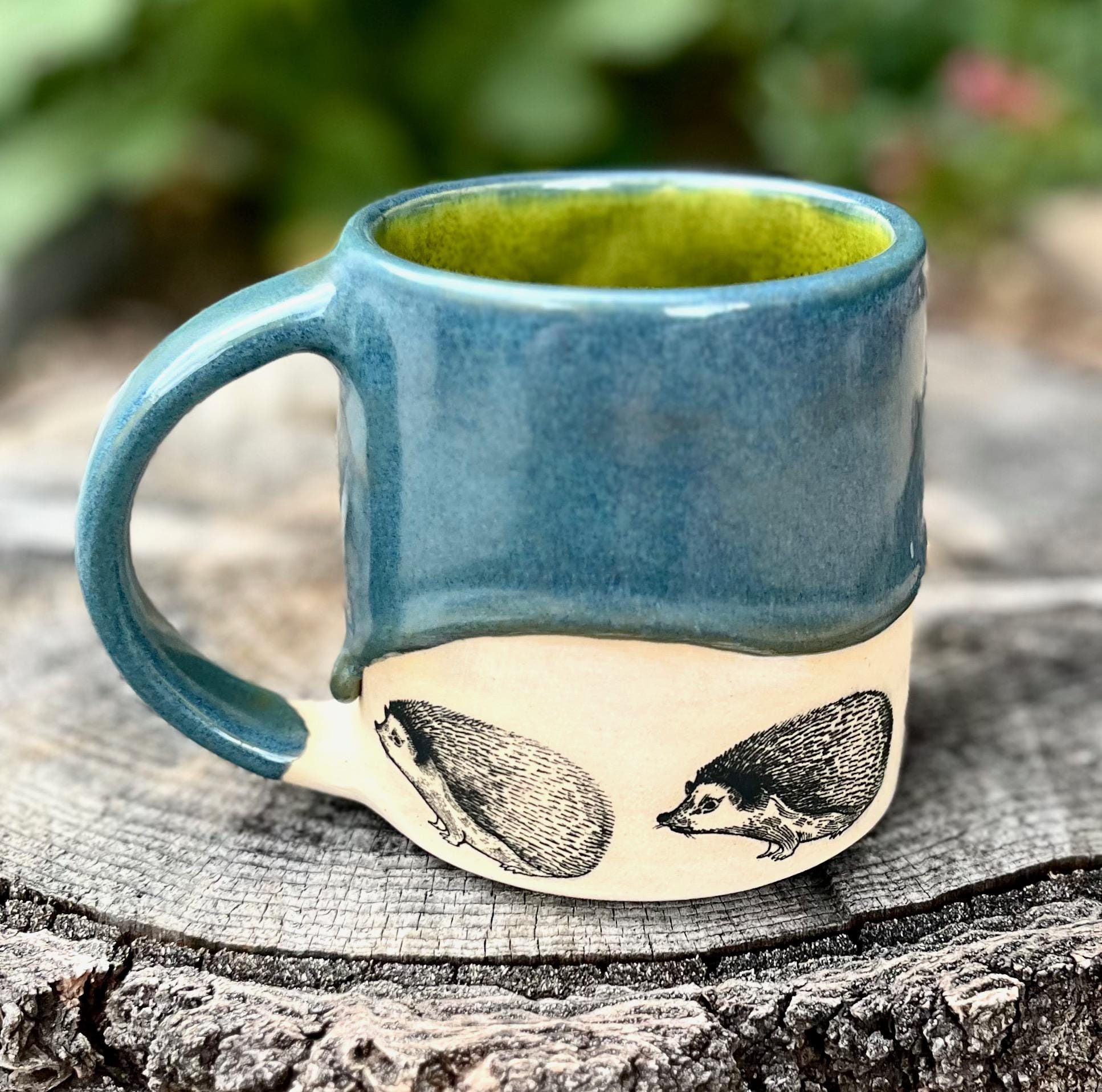 Turquoise and Moss Green Hedgehog Mug // 18 Oz Mug, Coffee Mug, Hot ...
