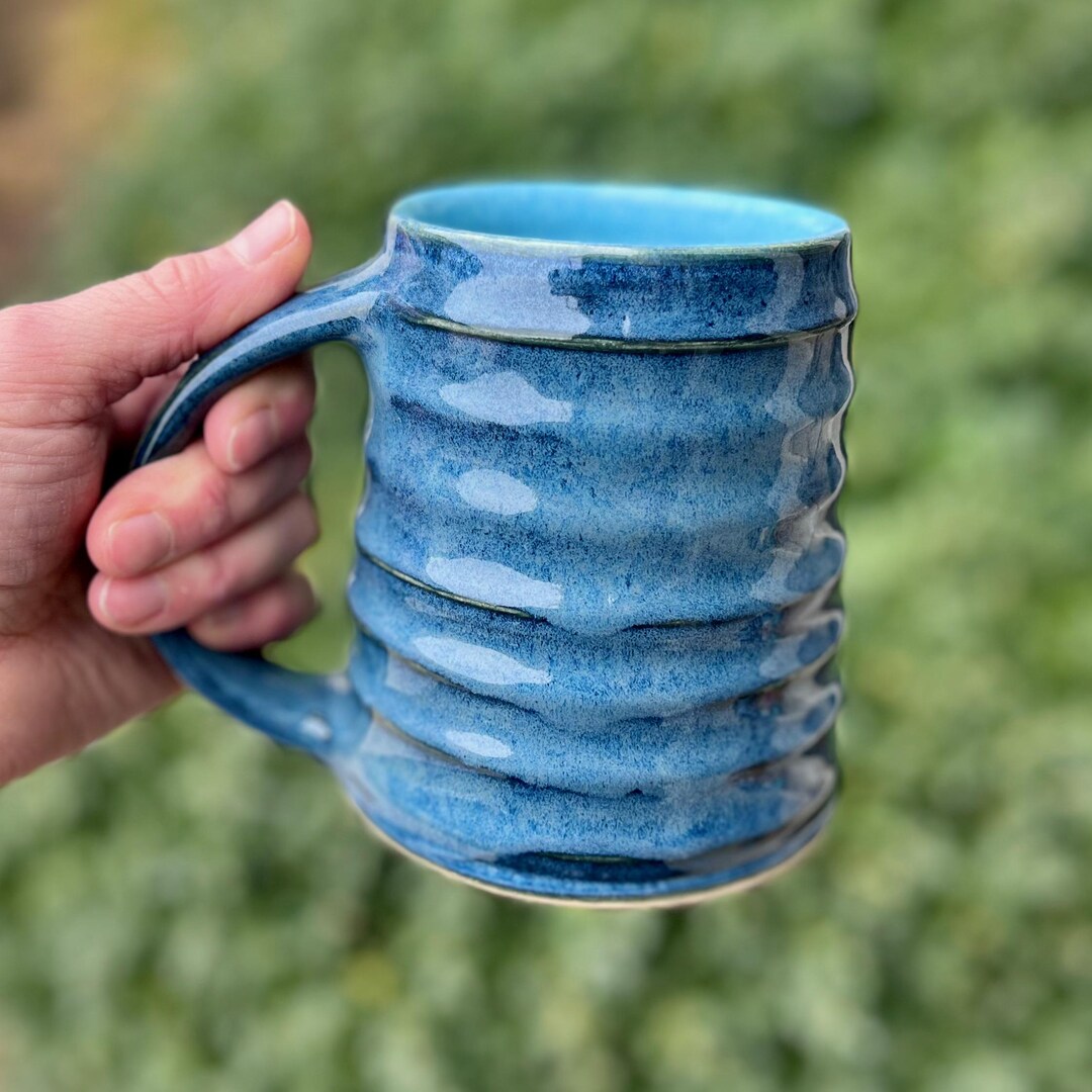 Blue & Turquoise Wavy Mug // Holds 20 Fluid Oz., Handmade Wheel Thrown ...