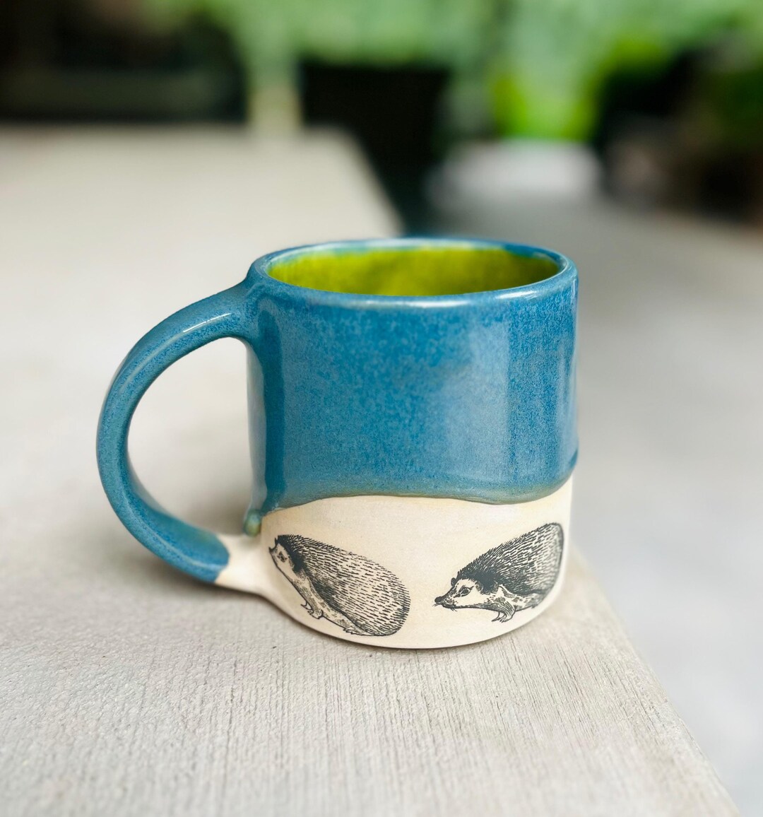 Turquoise and Moss Green Hedgehog Mug // 18 Oz Mug, Coffee Mug, Hot ...