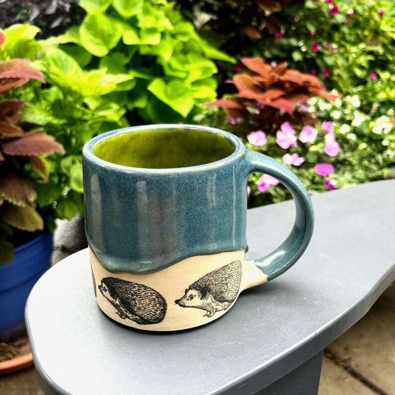 Turquoise and Moss Green Hedgehog Mug // 18 Oz Mug, Coffee Mug, Hot ...