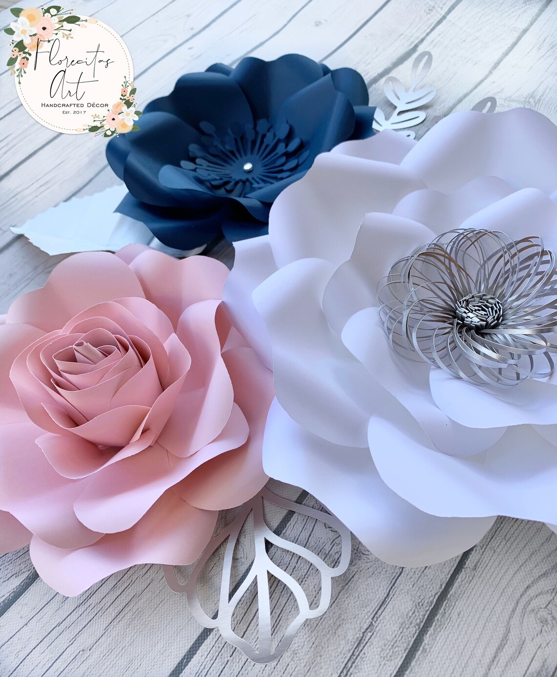 6pc Blush/ Light Pink White and Navy Blue Paper Flowers - Etsy