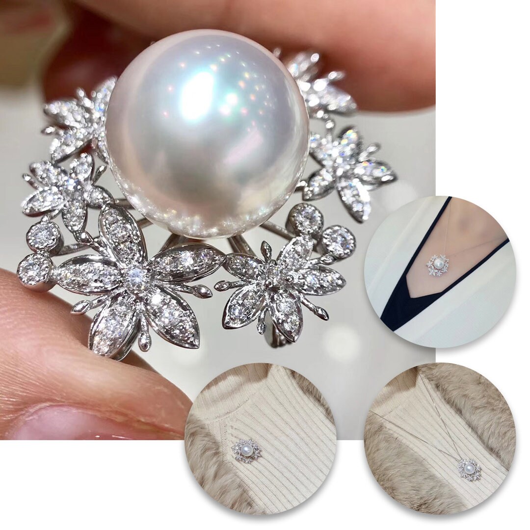 Transformable Diamond and 14-15 Mm White South Sea Pearl Pendant Brooch ...