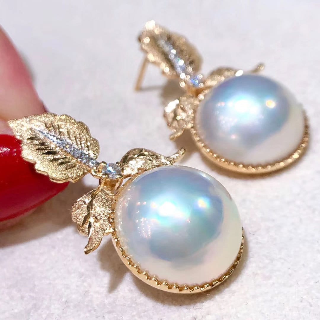 Vine Symphony — Leaf Bow Aurora Mabe Pearl & Diamond Earrings in 18k ...