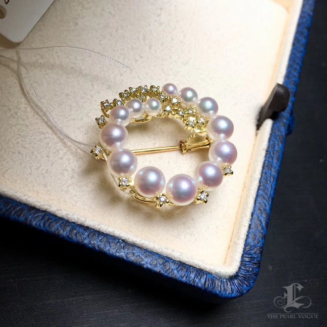 AAA 3-5.5 Mm Akoya Pearl Pendant Brooch 18k Gold W/ Diamond - Etsy