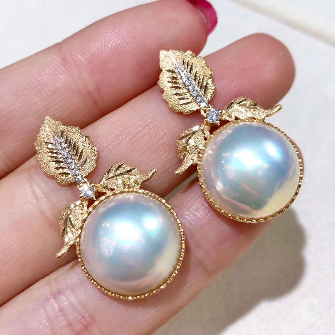 Vine Symphony — Leaf Bow Aurora Mabe Pearl & Diamond Earrings in 18k ...