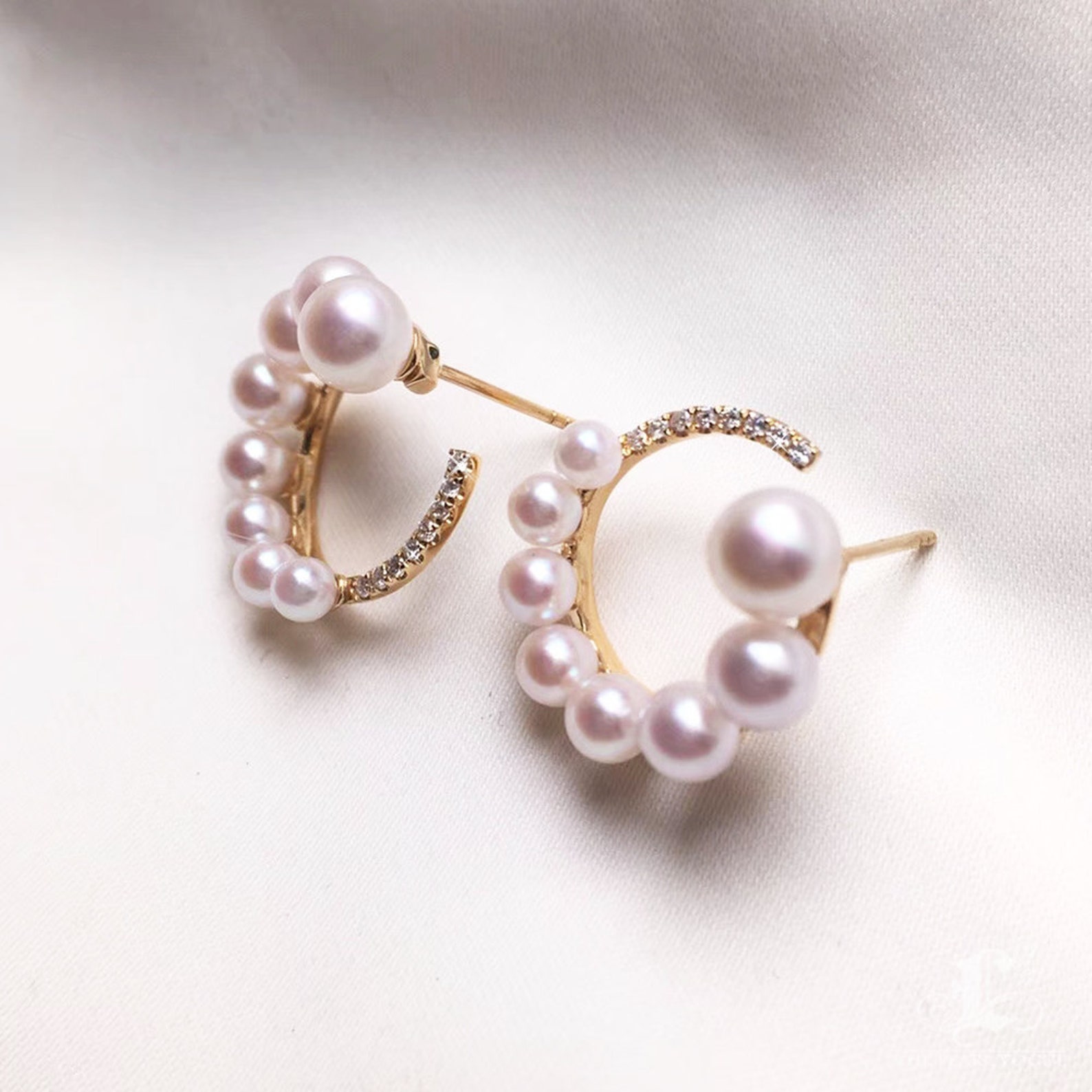 AAA 3-6mm Baby Akoya Pearl Fashion Earrings, 18k Gold W/ Diamond - Etsy