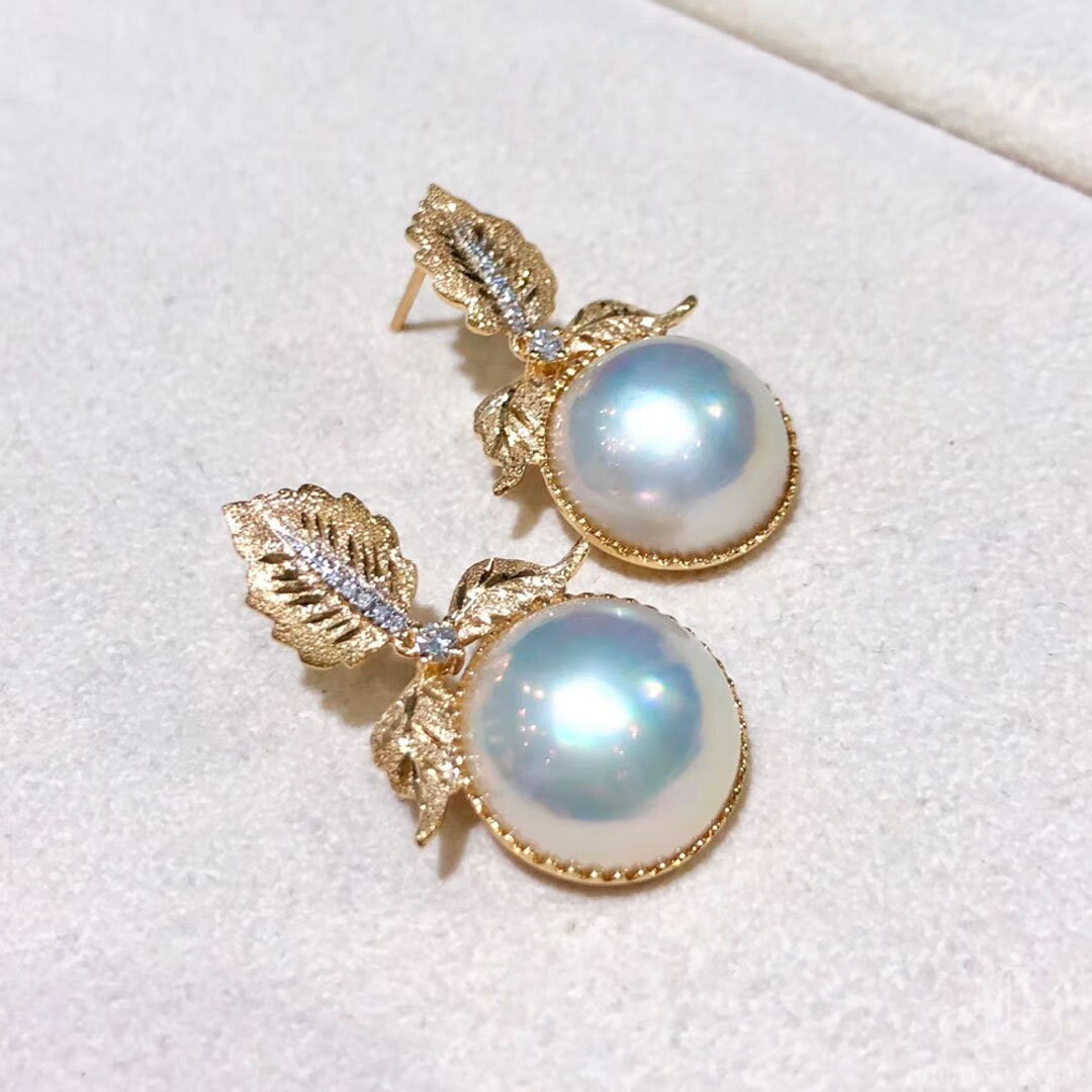 Vine Symphony — Leaf Bow Aurora Mabe Pearl & Diamond Earrings in 18k ...