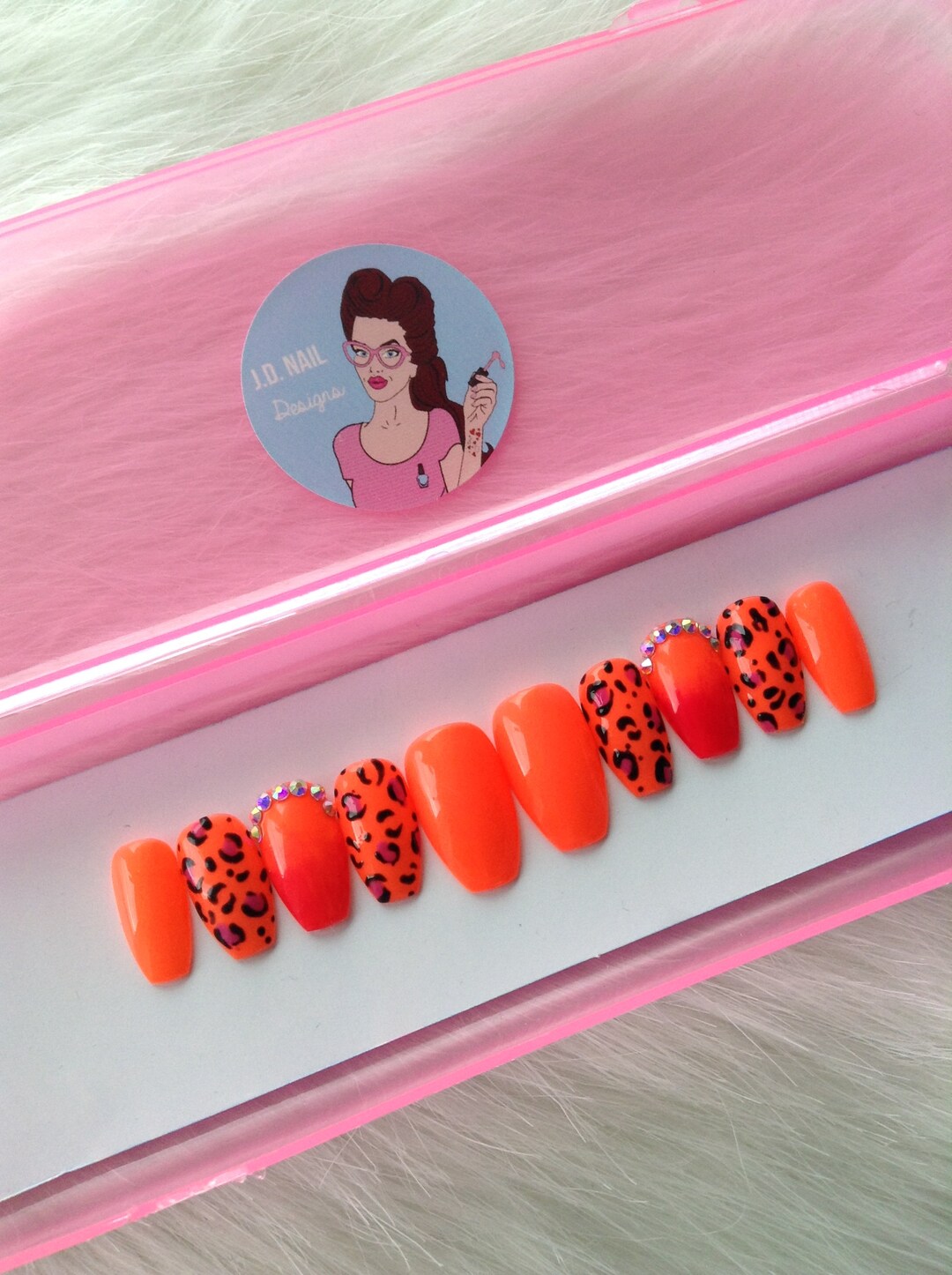 Jd Nail Designs Orange Cheetah Print Nails Press on Nails False Nails ...