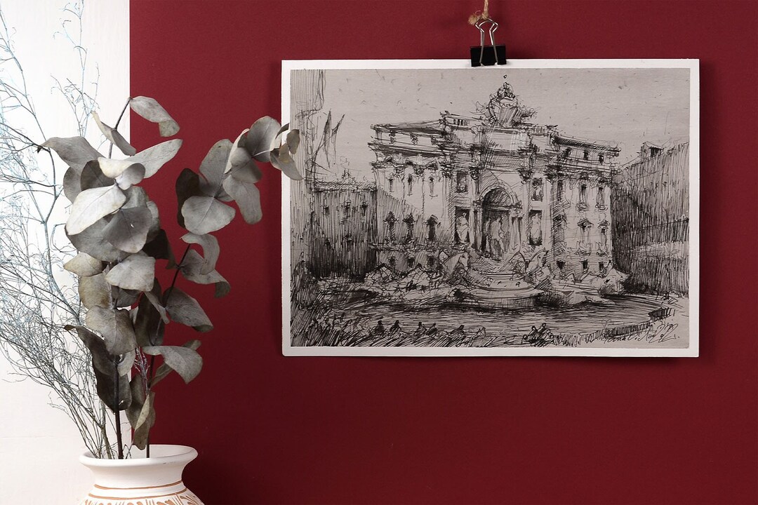 Original Ink Drawing of Fontana Di Trevi, Rome, Italy, Modern Black and ...
