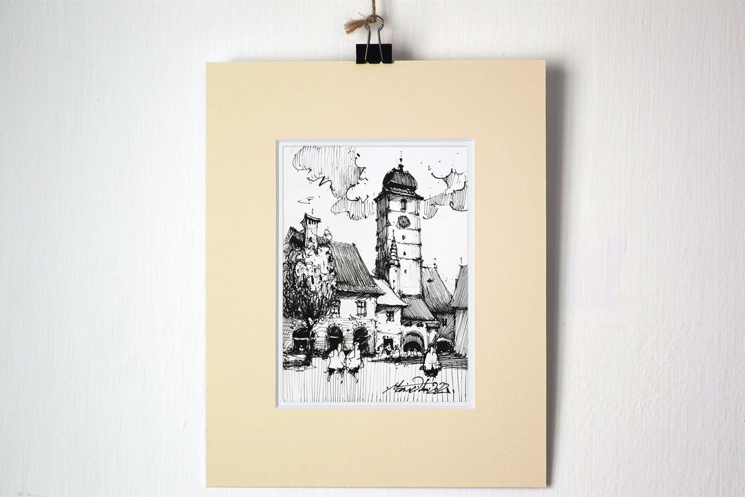 Original Drawing-sibiu City Center Original Hand Draw Ink - Etsy