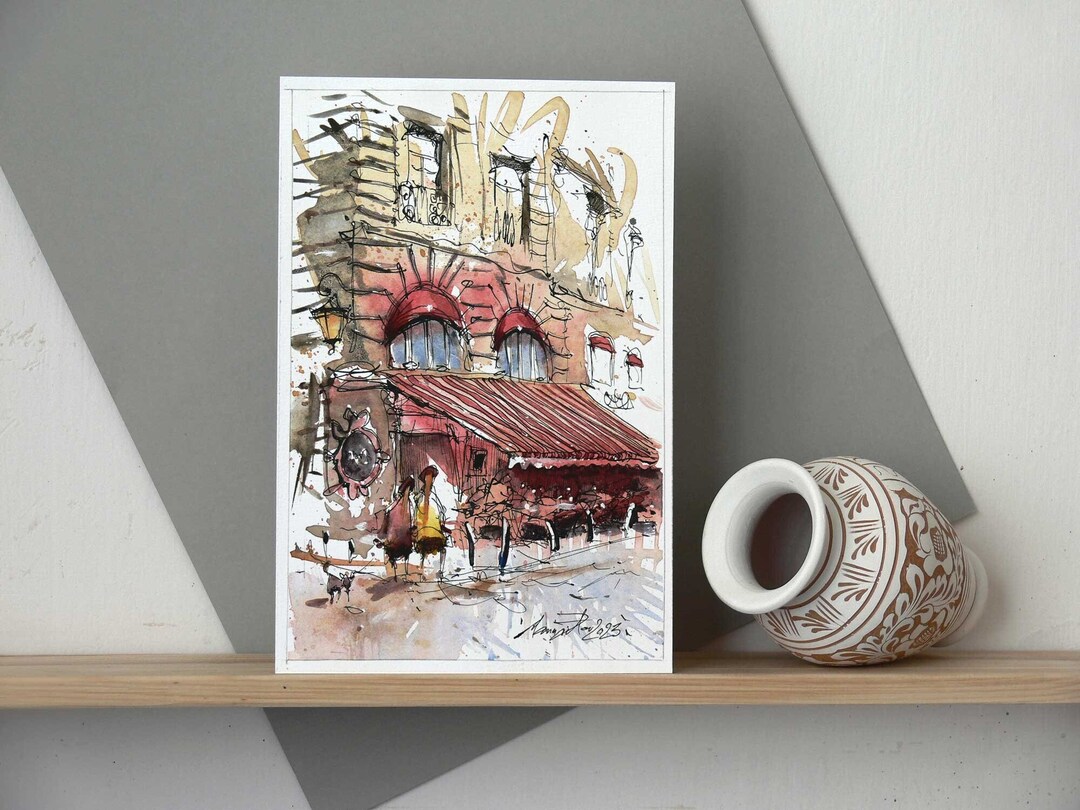 Paris Painting, Ink Pen Sketch and Watercolor. Parisian Watercolor ...