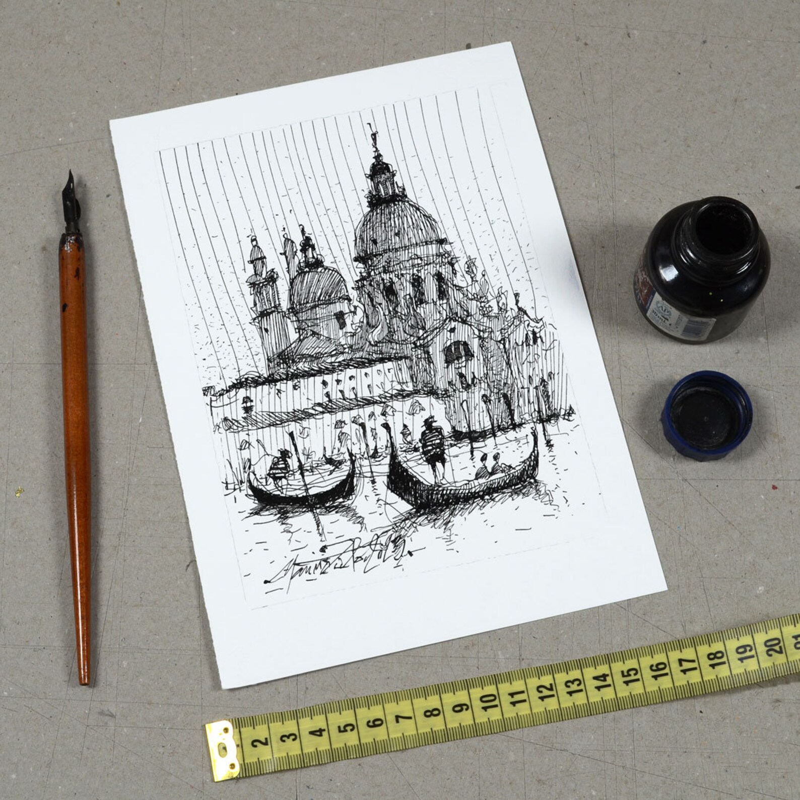Venice Drawing, Urban Italian Landscape Ink Sketch. 5x7 Inch Original ...