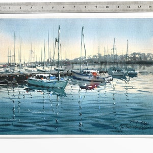 Boats in Harbour Nautical Watercolor Painting. Seascape. - Etsy