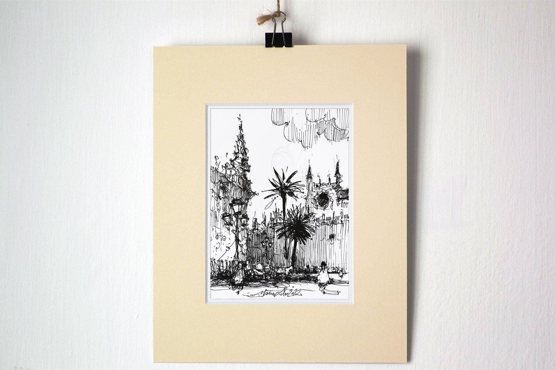 Seville Black and White Ink Line Drawing Sketch Art. Original Hand Draw ...