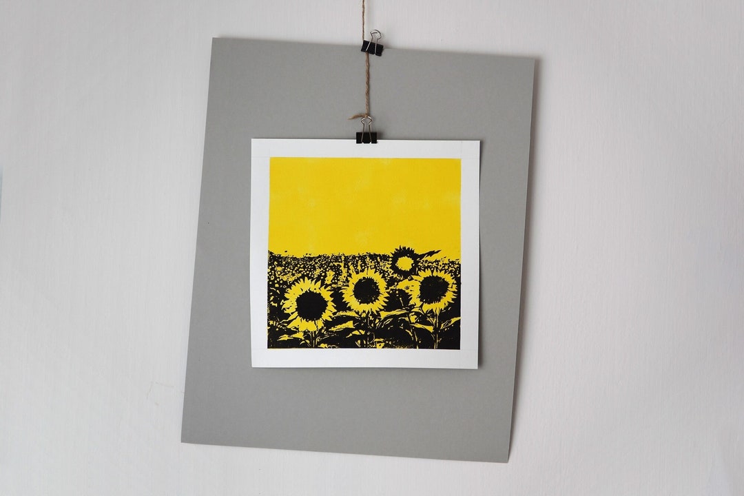 Yellow Sunflower Field Lino Print Landscape Art. Original Linocut Hand ...