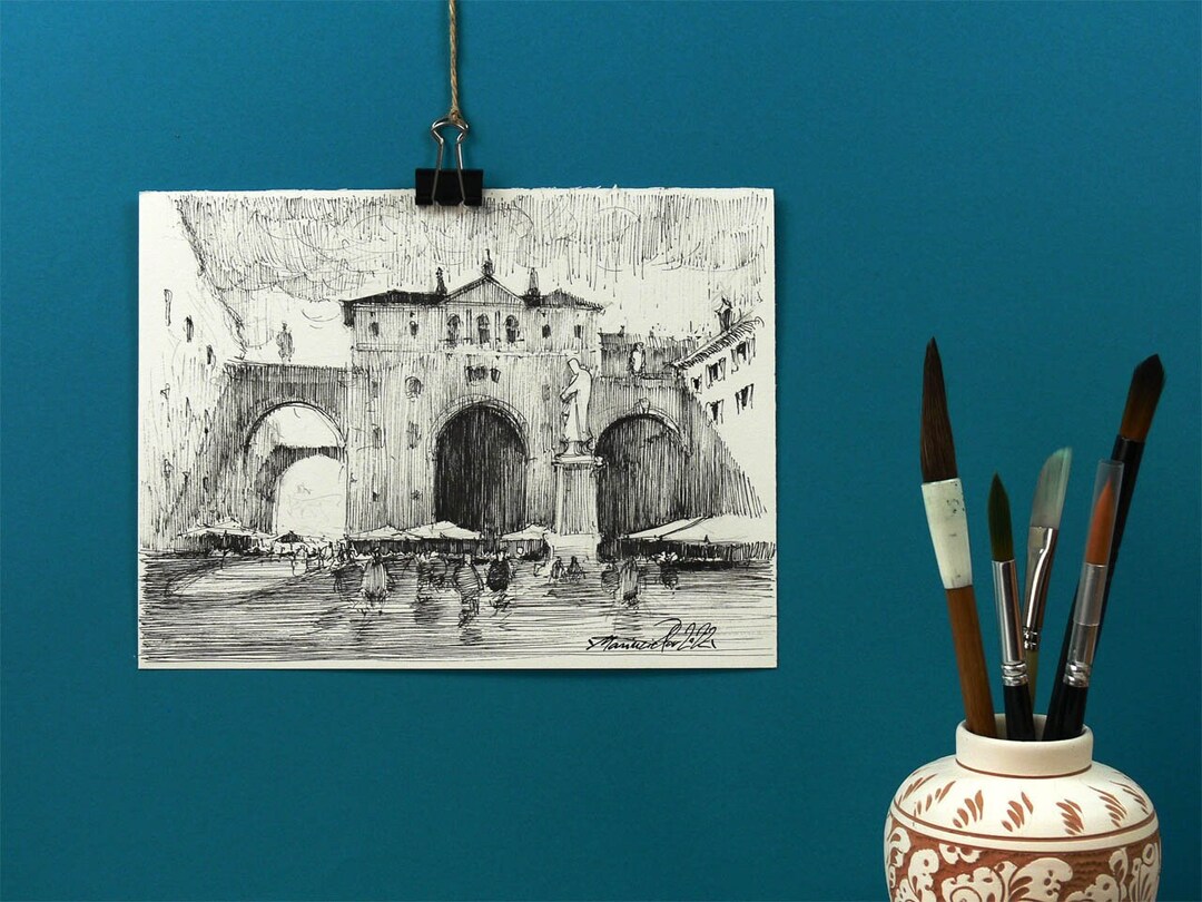 Ink Drawing of Verona City Center, Sketchbook Travel Drawings. Urban ...