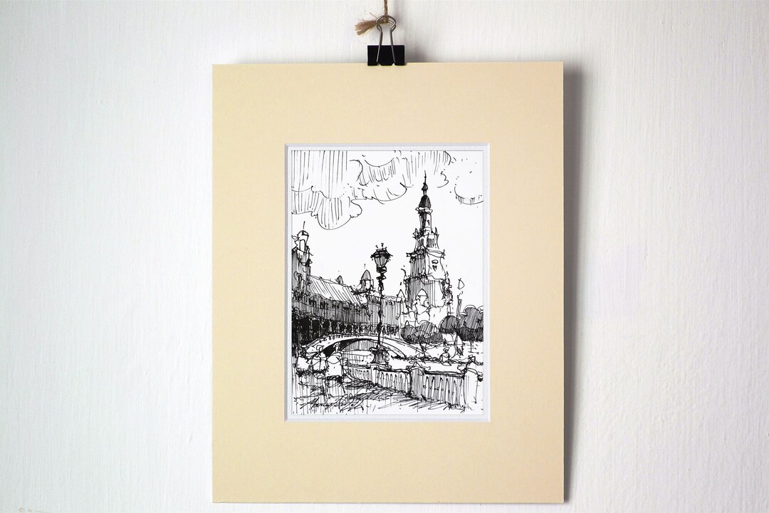 Seville Ink Drawing: Spanish City Sketch Art, Modern Home Decor - Etsy