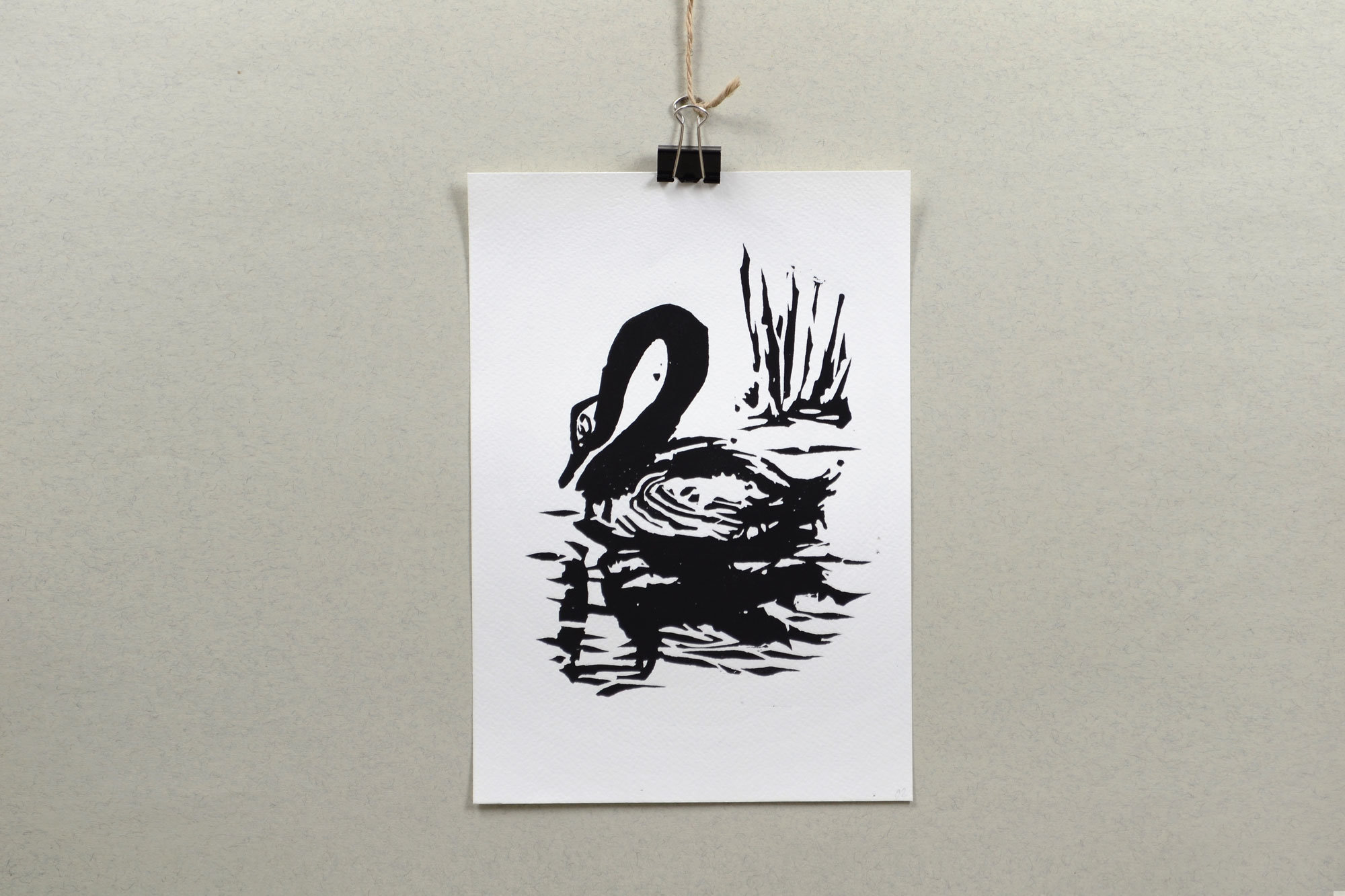 Black Swan on Lake, Original Linocut Hand Made Print. Modern Home Decor ...