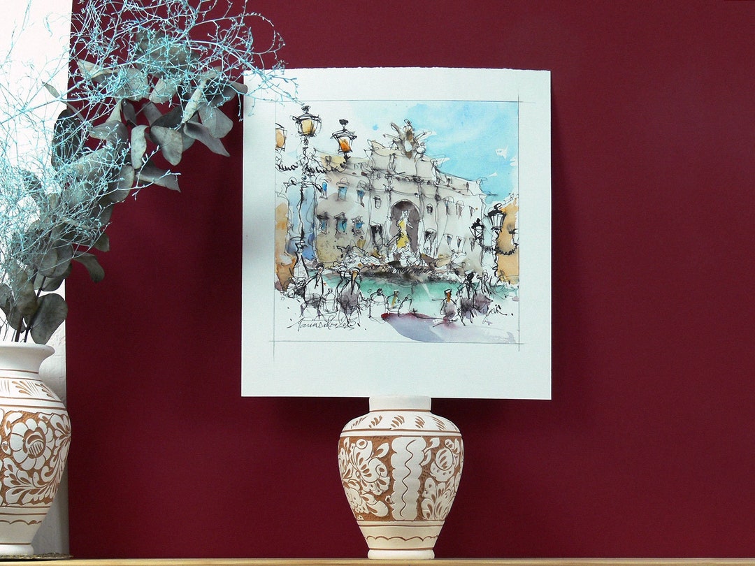 Trevi Fountain Watercolor Painting. Original Urban Sketch Ink and ...