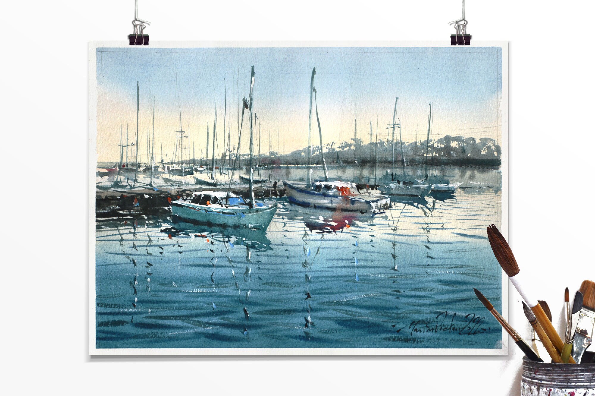 Boats in Harbour Nautical Watercolor Painting. Seascape. - Etsy