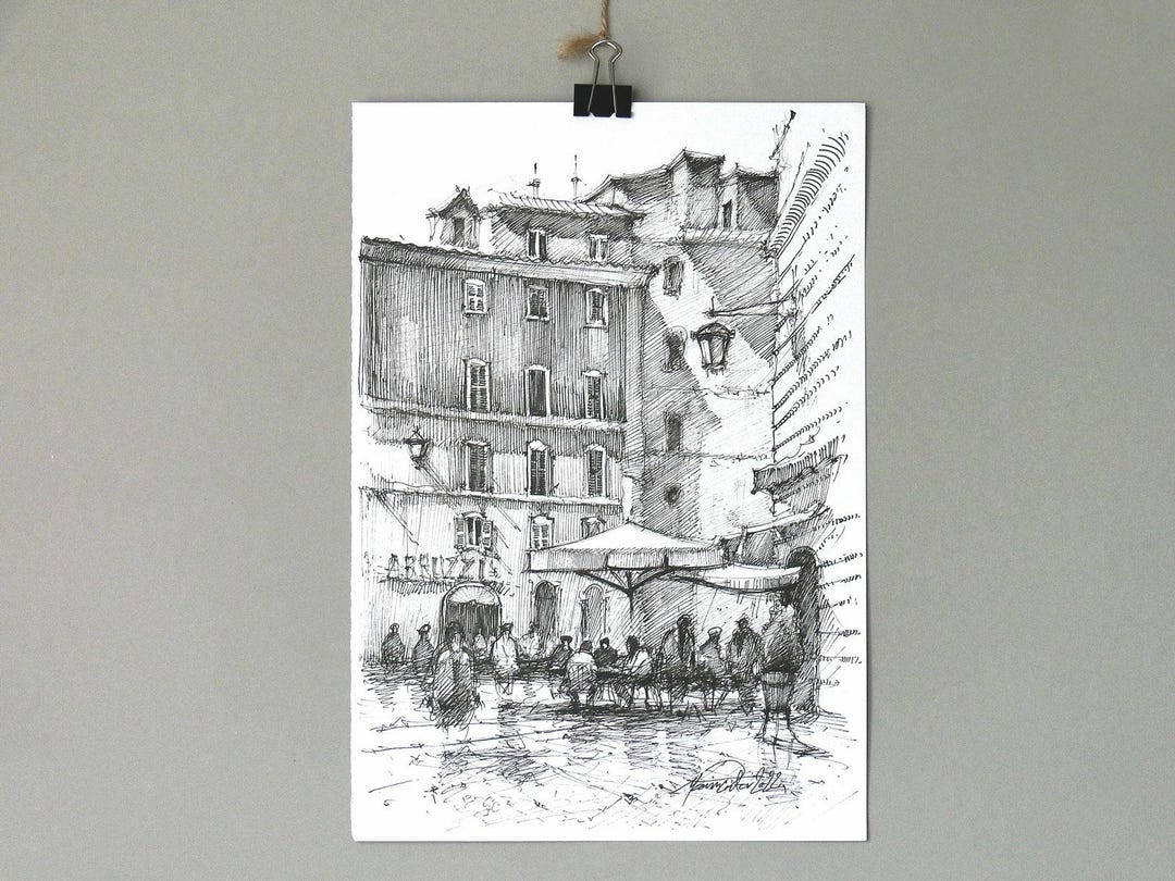 Rome Piazza Della Rotonda Ink Pen Original Drawing. Roma Black and ...
