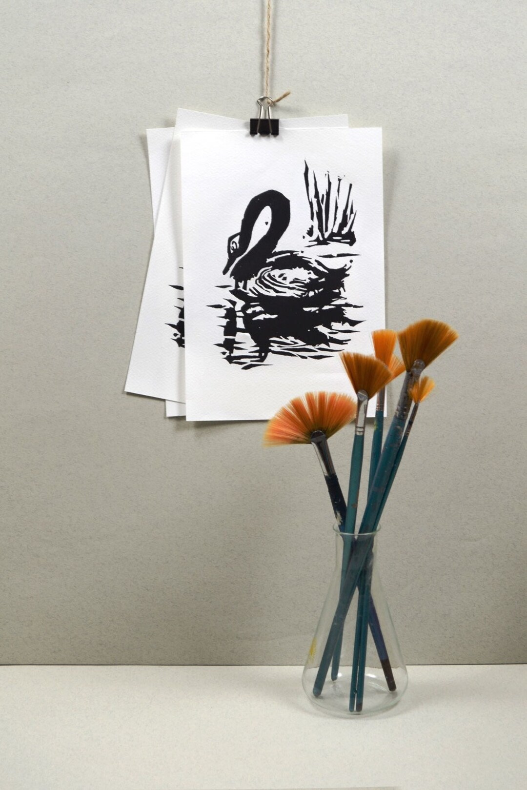 Black Swan on Lake, Original Linocut Hand Made Print. Modern Home Decor ...