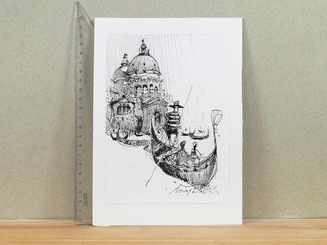 Original Venetian Landscape Drawing in Ink With Gondola and Santa Maria ...