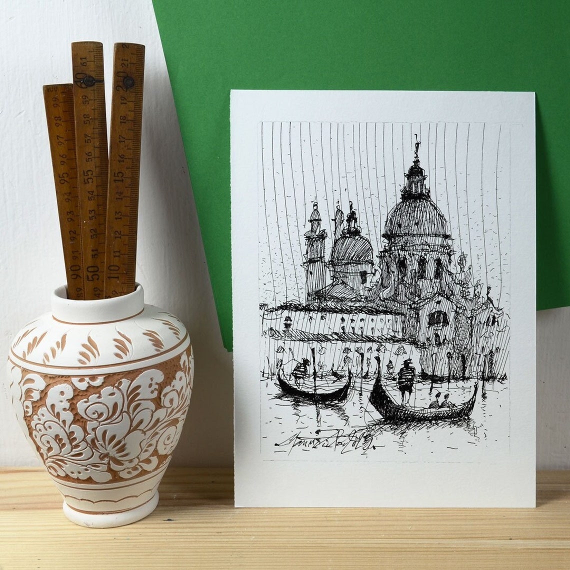 Venice Drawing, Urban Italian Landscape Ink Sketch. 5x7 Inch Original ...