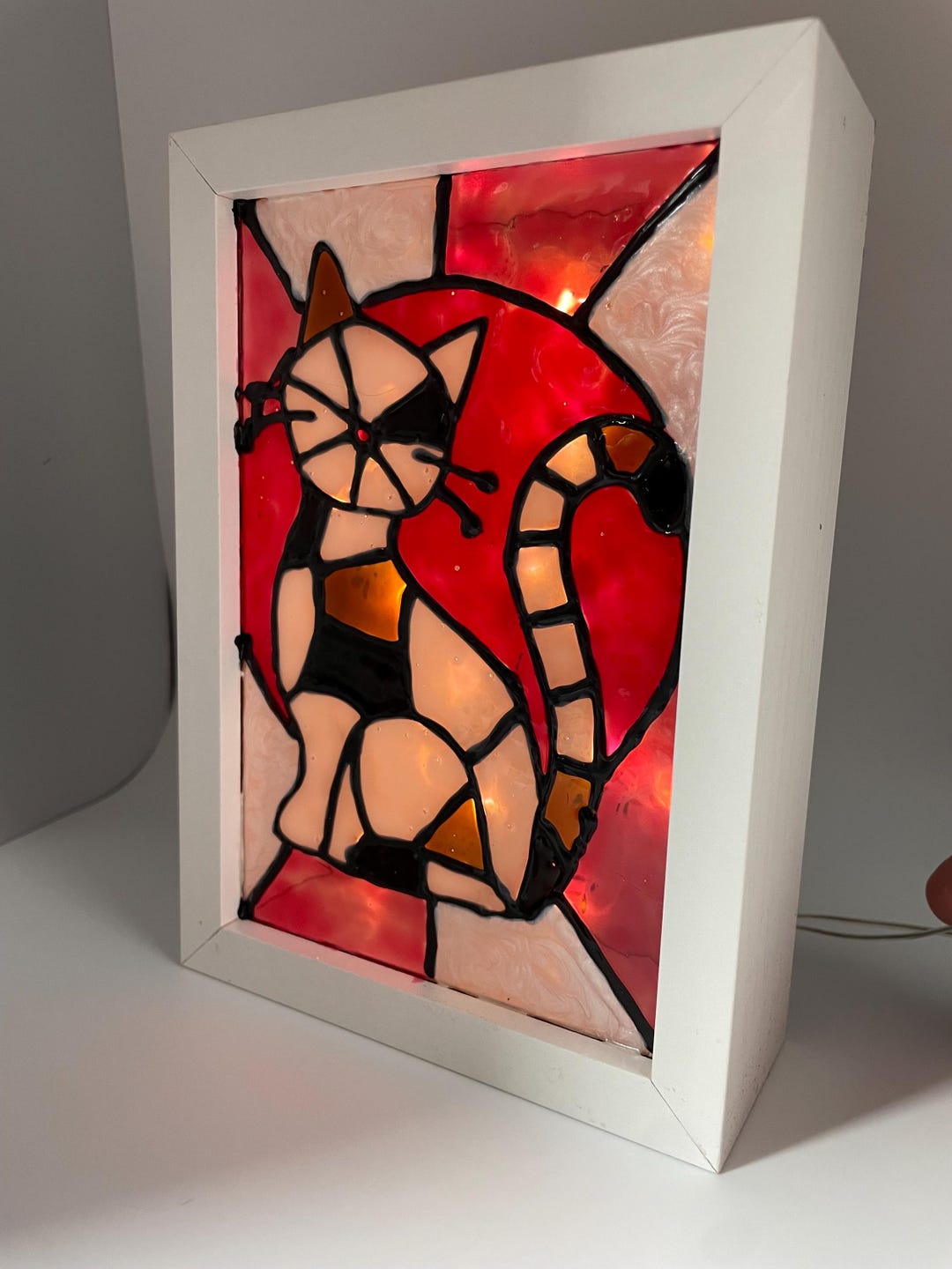 Stained Glass Lighted Shadow Box - Calico Cat - Etsy
