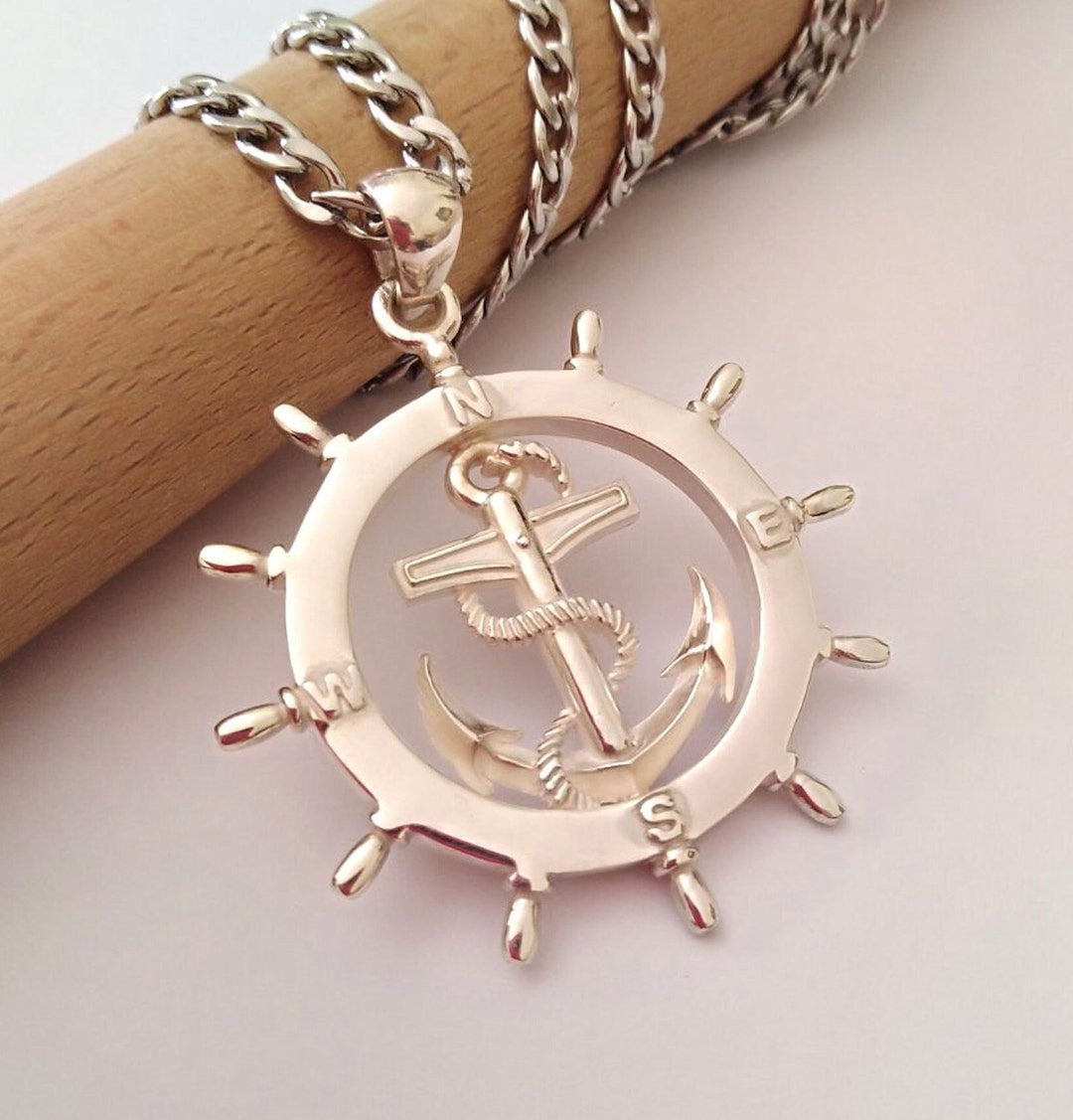 Gold Anchor Pendant, Silver 925 Ship's Wheel Pendant, Men's Nautical ...