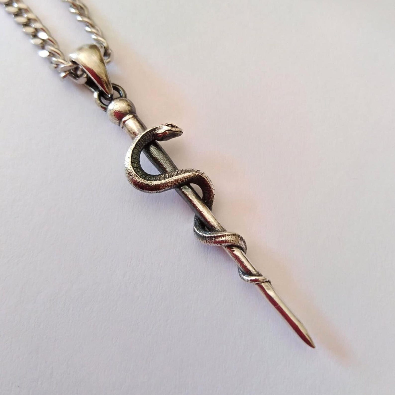 Oxidized Silver 925 Rod of Asclepius Pendant | Handcrafted Aged Silver ...