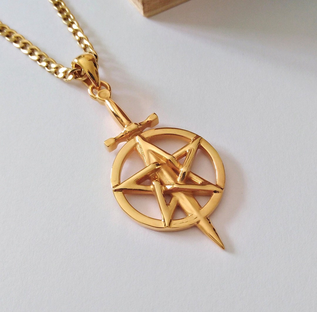 Gold Pentagram With Sword Pendant Silver Pentacle Necklace Men Gold ...